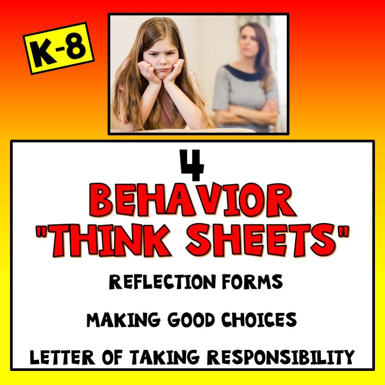 4 Behavior Reflection "Think Sheets" for Elementary & Middle School ...